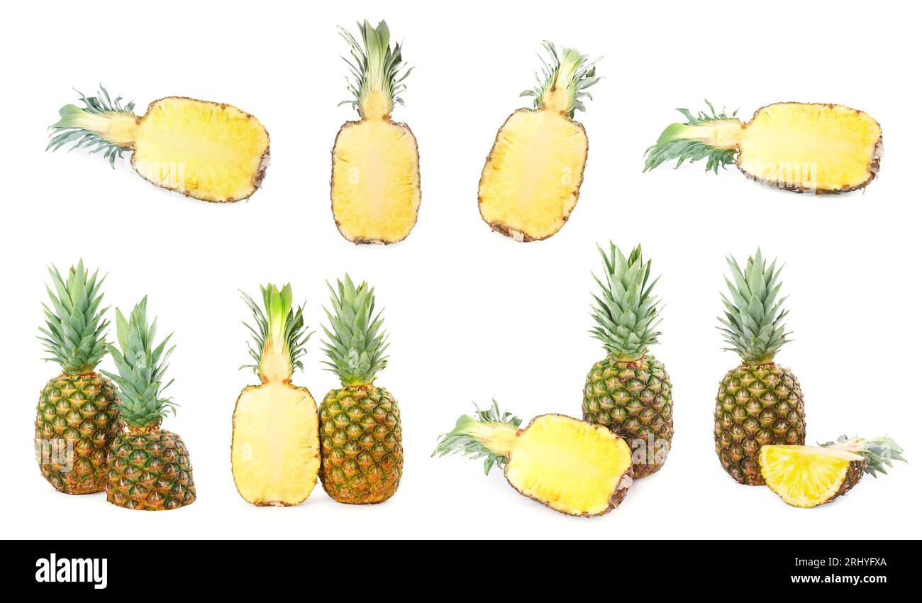 Set with cut and whole pineapples isolated on white Stock Photo - Alamy