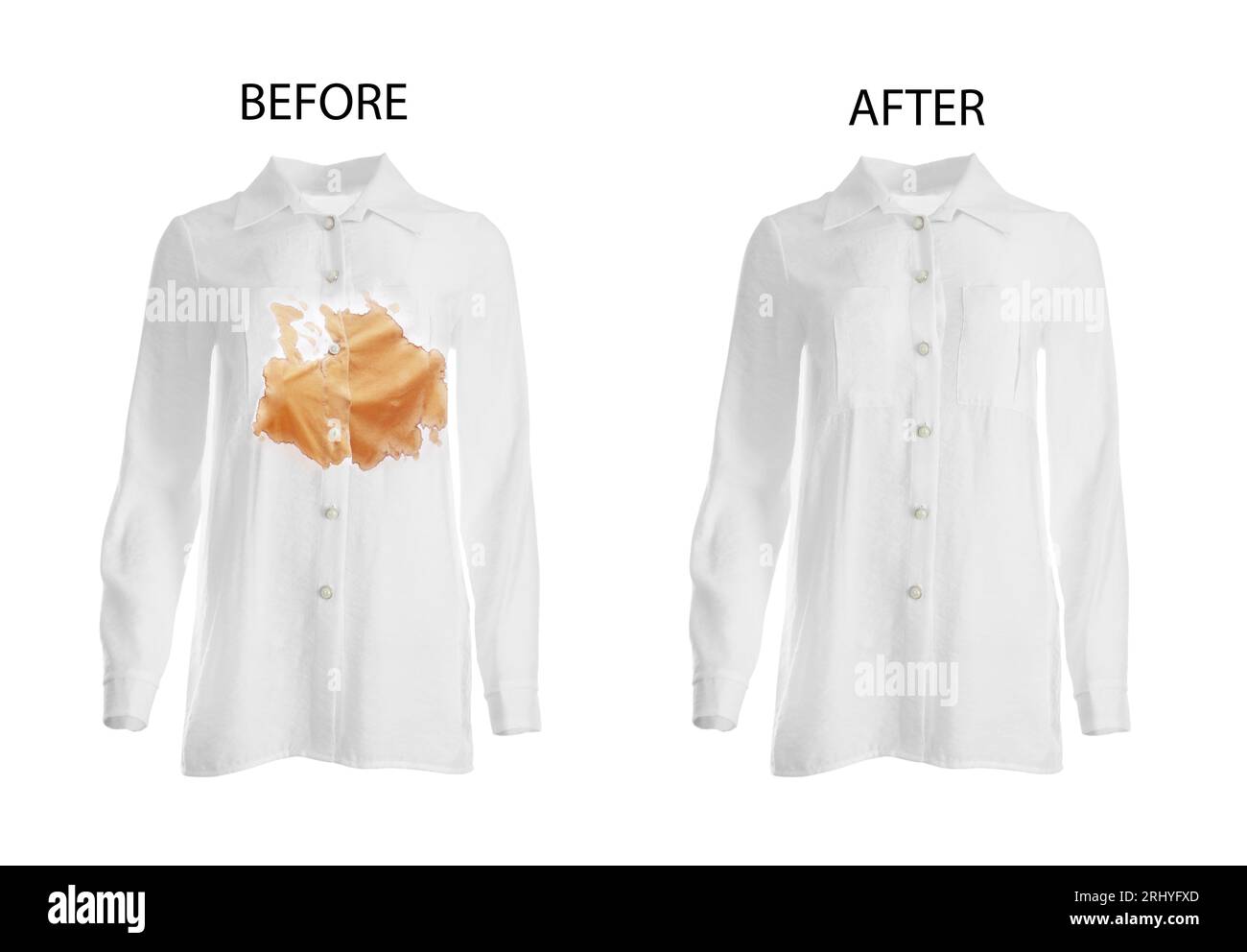 Collage with dirty and clean shirt isolated on white. Before and after ...