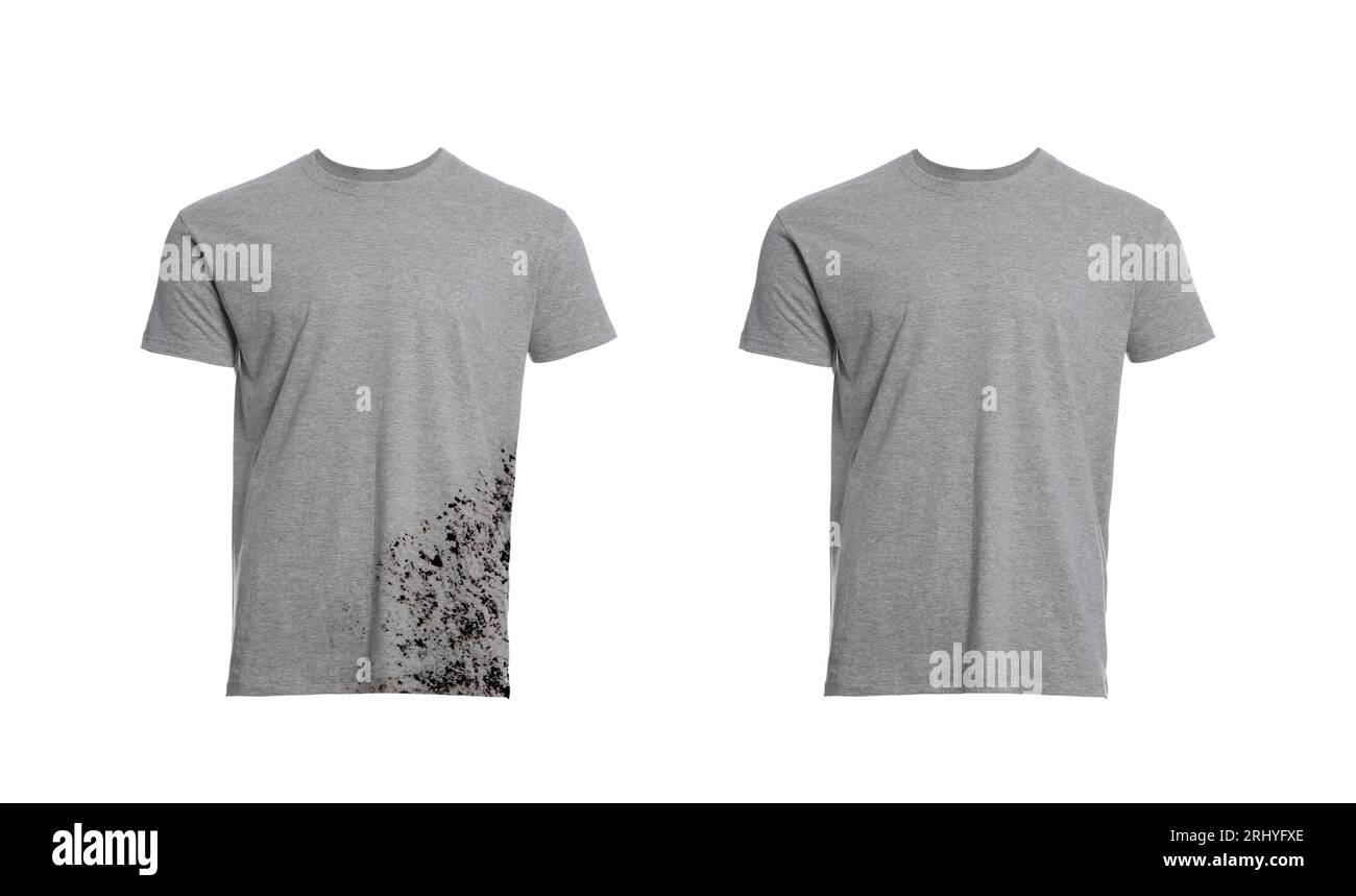 Collage with dirty and clean t-shirt isolated on white. Before and ...