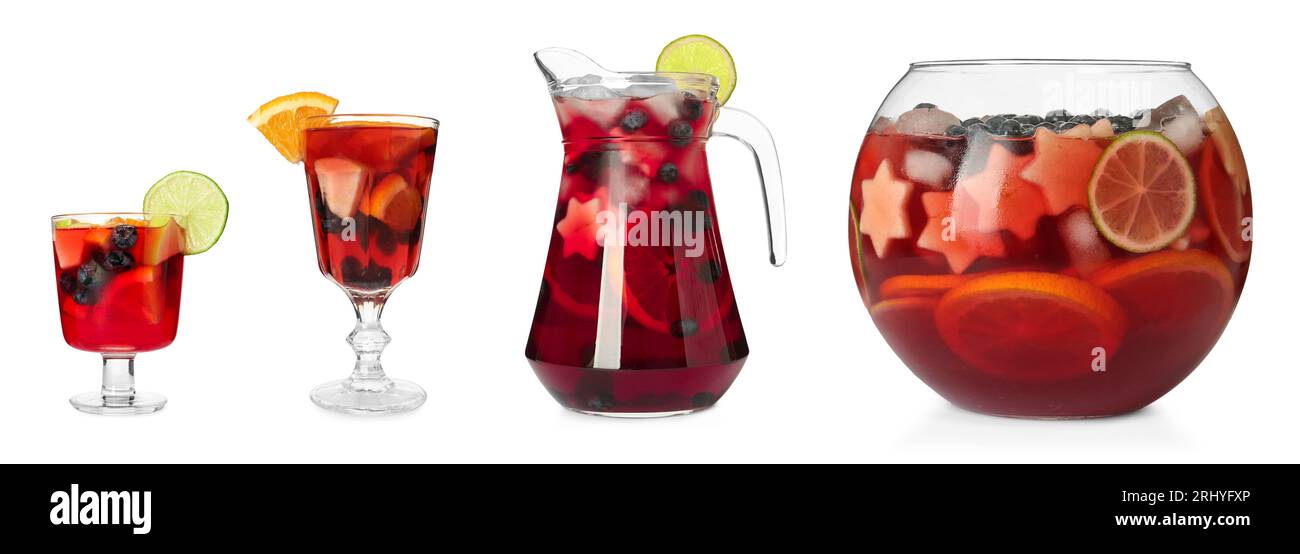Set with tasty sangria in different glassware isolated on white Stock ...