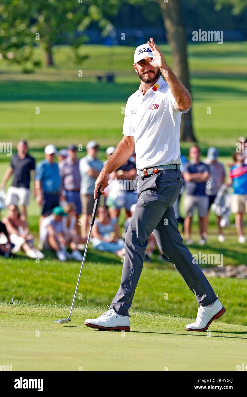 OLYMPIA FIELDS, IL - AUGUST 19: PGA golfer Max Homa acknowledges the fans as he walks onto the ...
