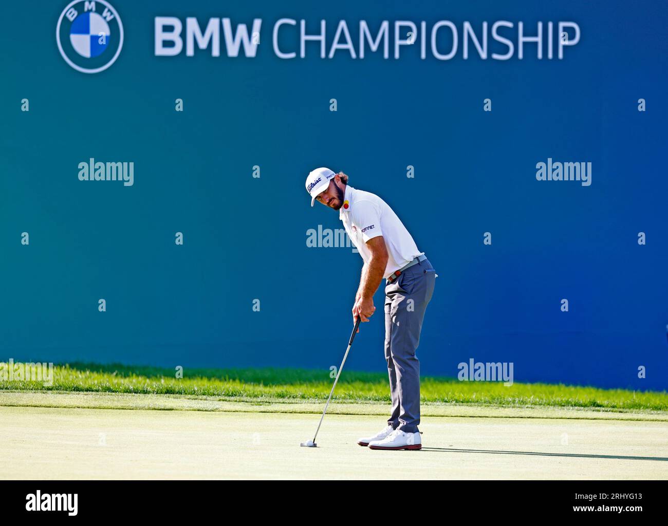 OLYMPIA FIELDS, IL - AUGUST 19: PGA golfer Max Homa putts on the 18th hole during the third ...