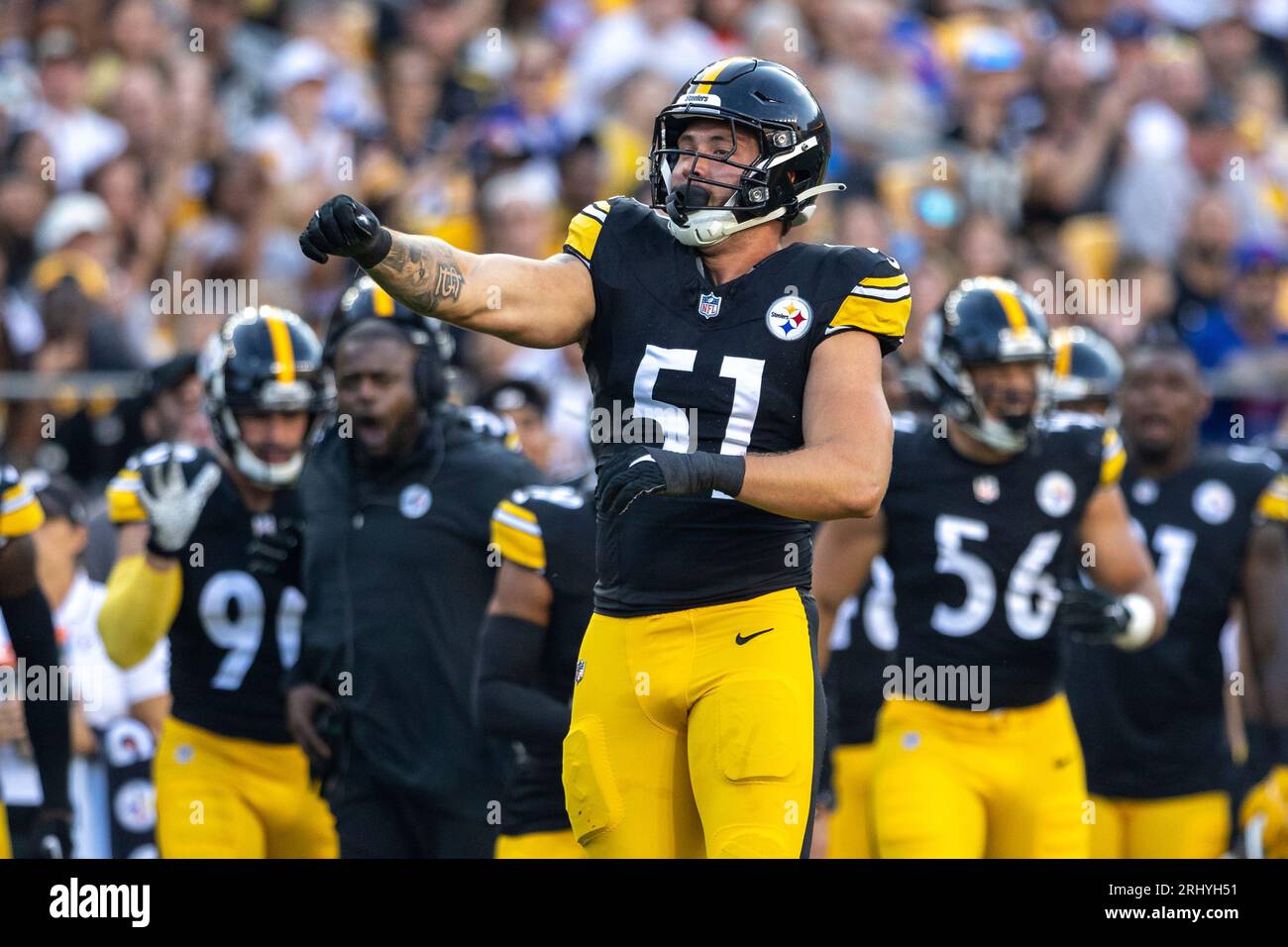 Pittsburgh Steelers linebacker Nick Herbig (51) celebrates after a ...