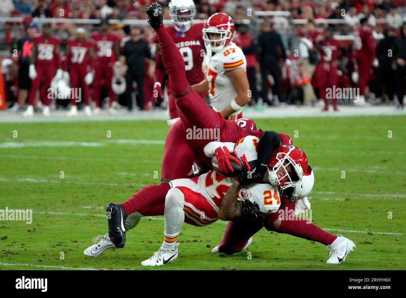 Kansas City Chiefs wide receiver Skyy Moore (24) is hit by Arizona ...