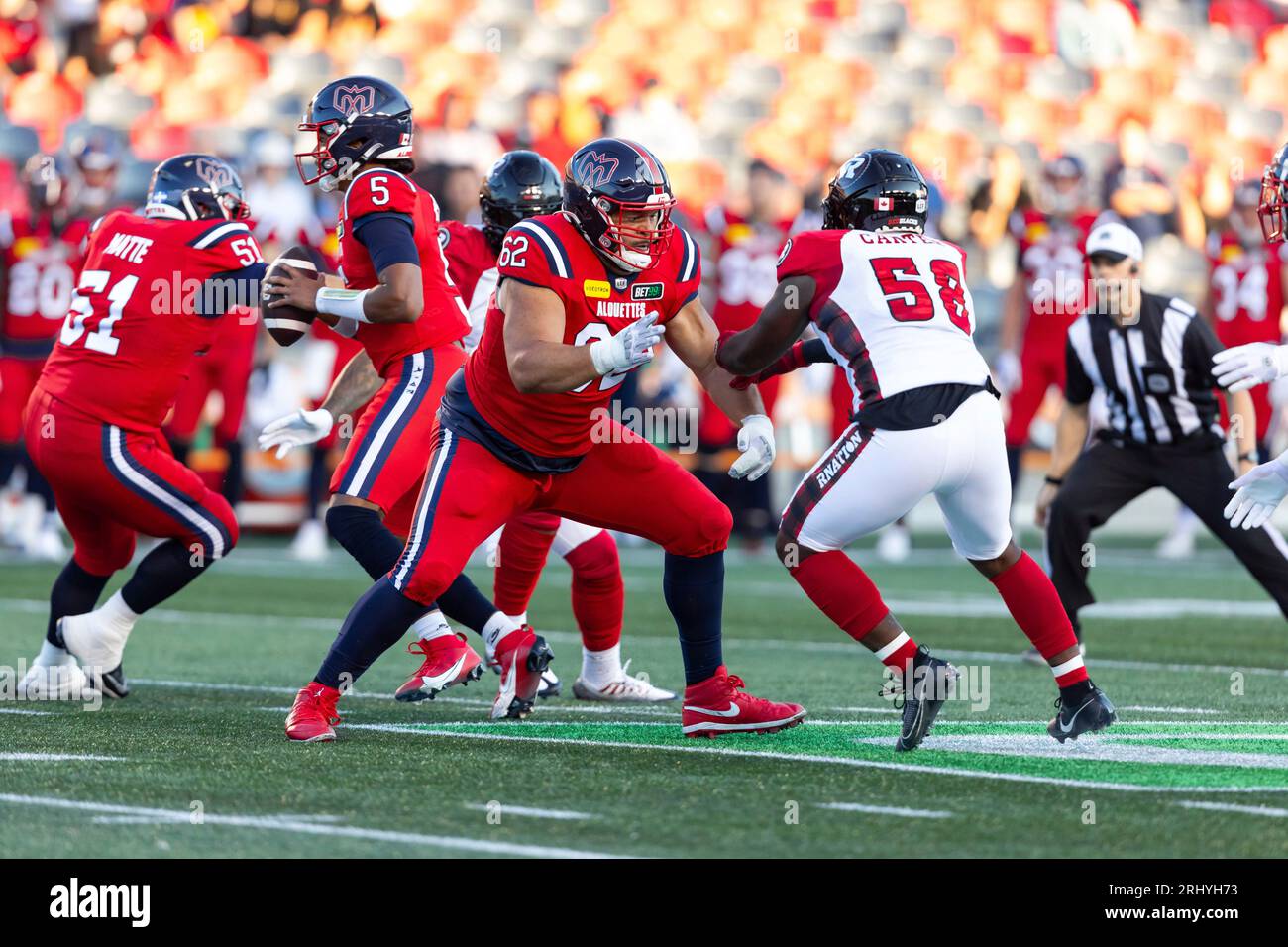 OTTAWA, ON - AUGUST 19: Montreal Alouettes tackle Nick Callender (62 ...