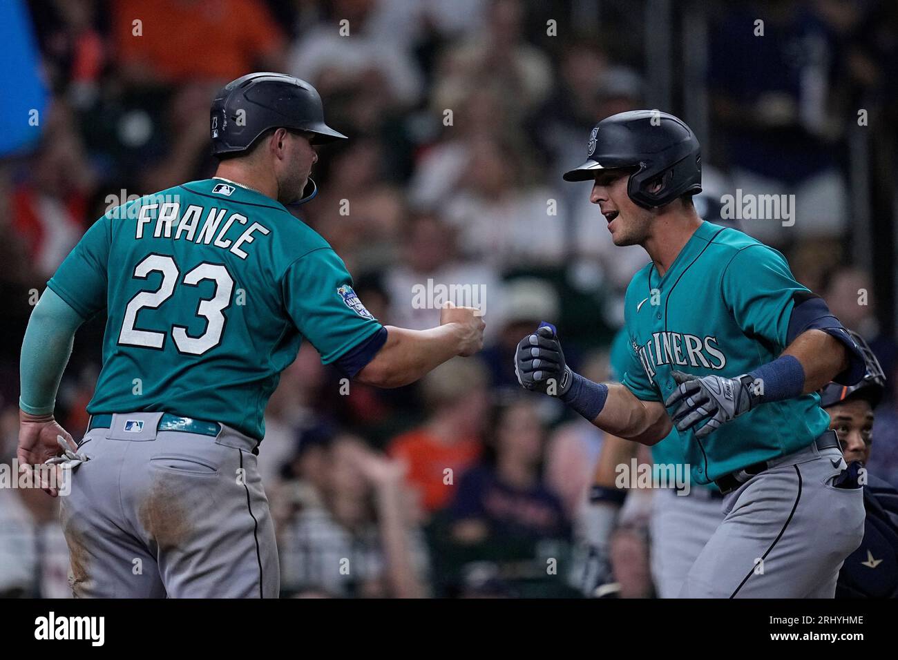 Seattle Mariners' Dylan Moore, right, celebrates with Ty France after ...