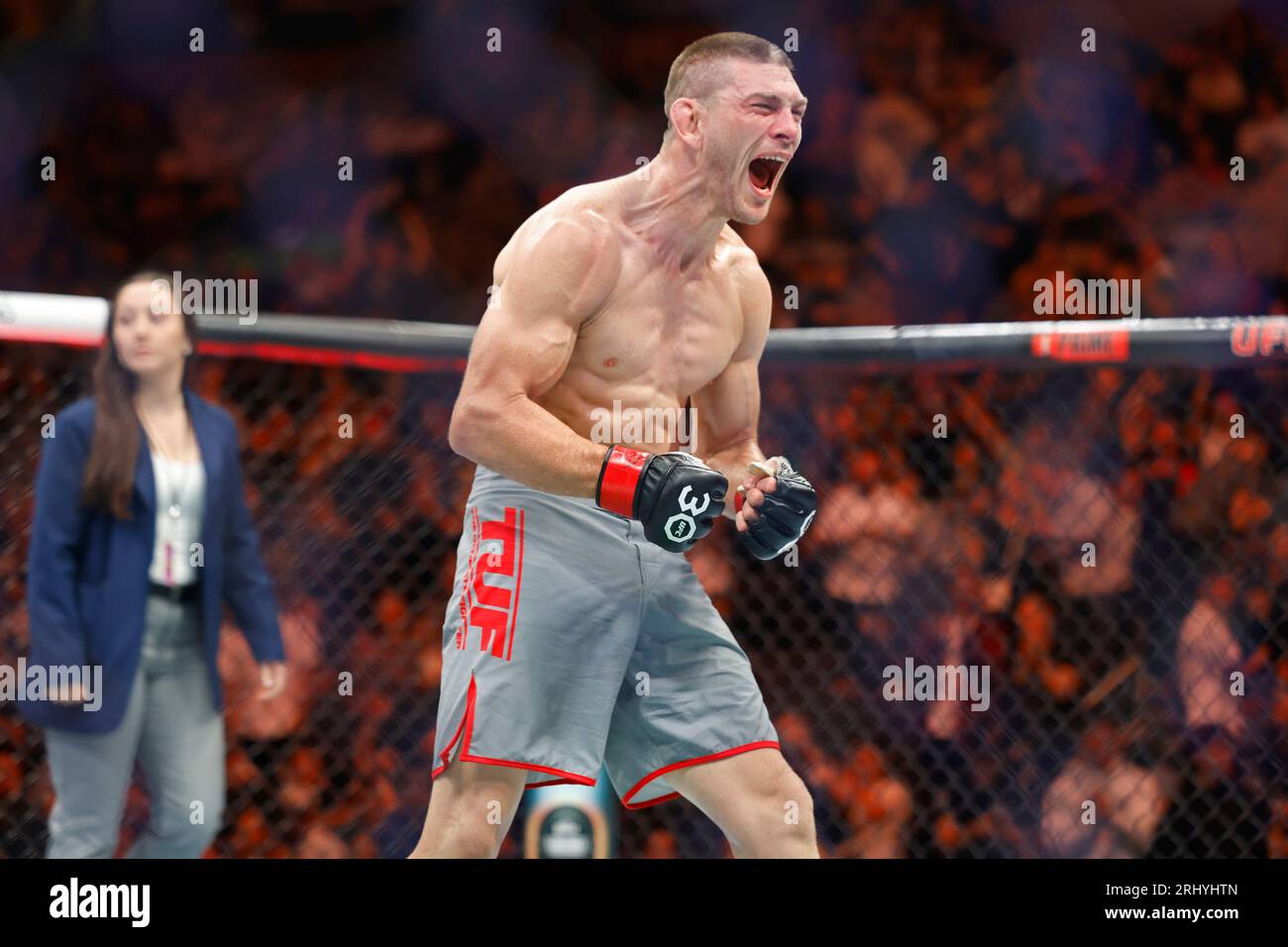 Kurt Holobaugh celebrates a win against Austin Hubbard during a UFC 292 ...