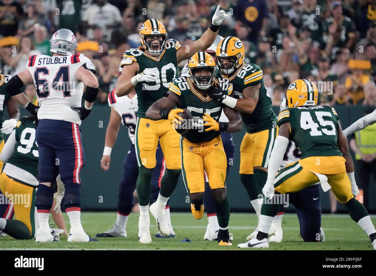 Green Bay Packers linebacker Kingsley Enagbare (55) celebrates his ...