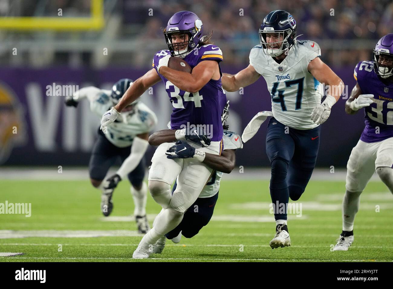 Minnesota Vikings tight end Nick Muse (34) is stopped by Tennessee ...
