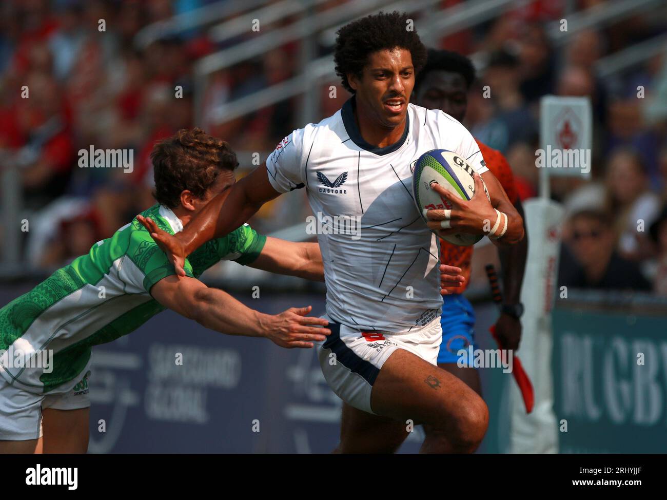 Langford, Canada. 19th Aug, 2023. Team USA's Malacchi Esdale runs away ...