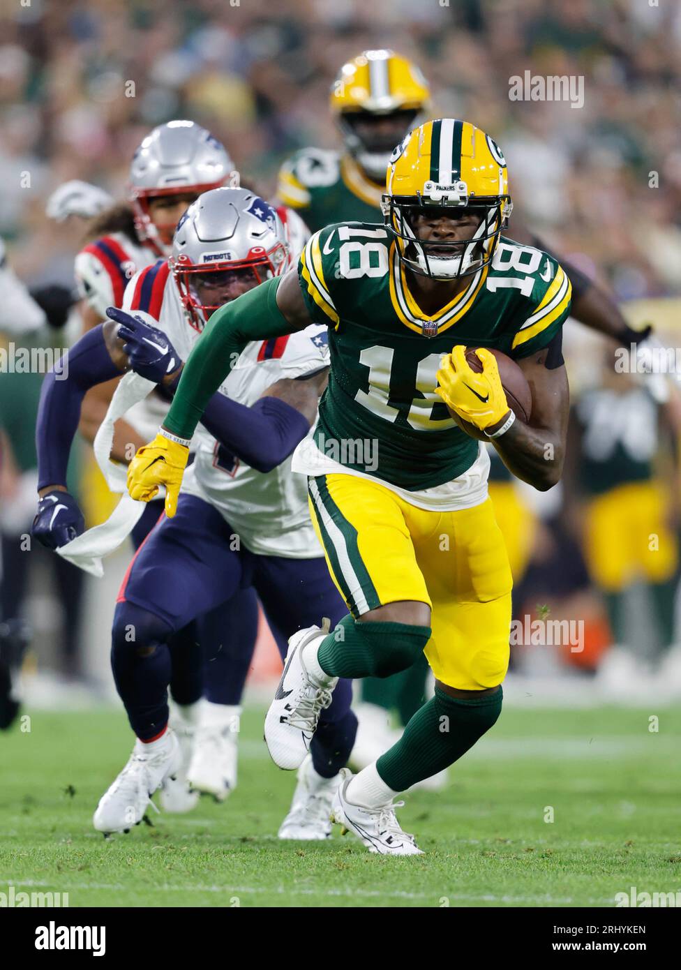 Green Bay Packers wide receiver Malik Heath (18) runs after a catch ...