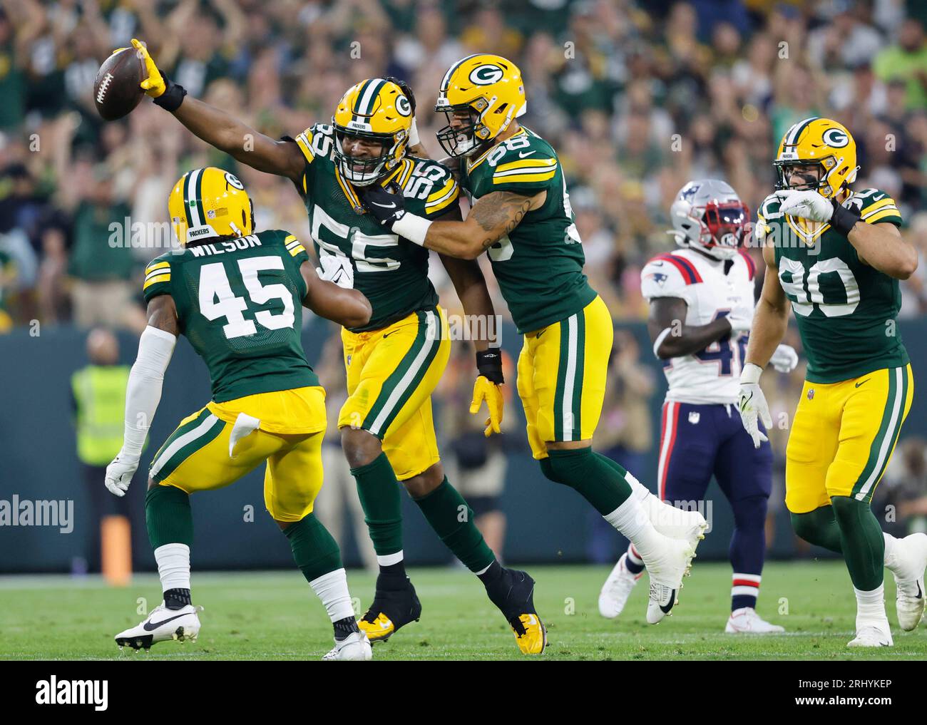 Green Bay Packers linebacker Kingsley Enagbare (55) recovers a fumble ...