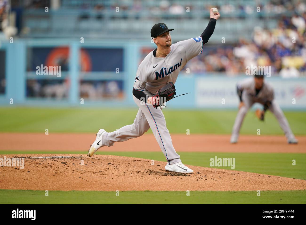 Miami Marlins starting pitcher Braxton Garrett throws to a Los Angeles ...