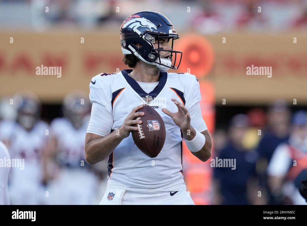 Denver Broncos quarterback Jarrett Stidham passes against the San ...