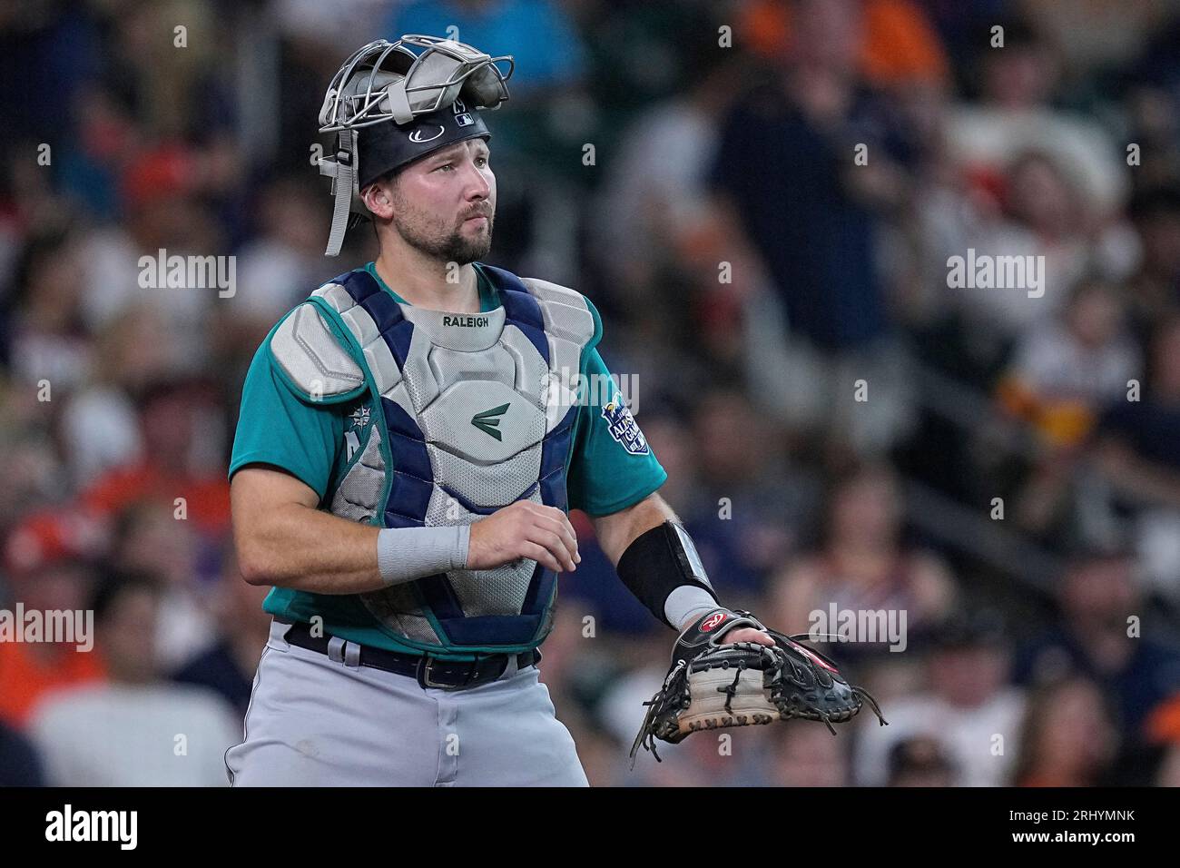 Seattle Mariners catcher Cal Raleigh signals during the second inning ...