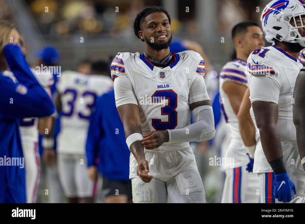 Buffalo Bills safety Damar Hamlin (3) reacts on the sideline during an ...