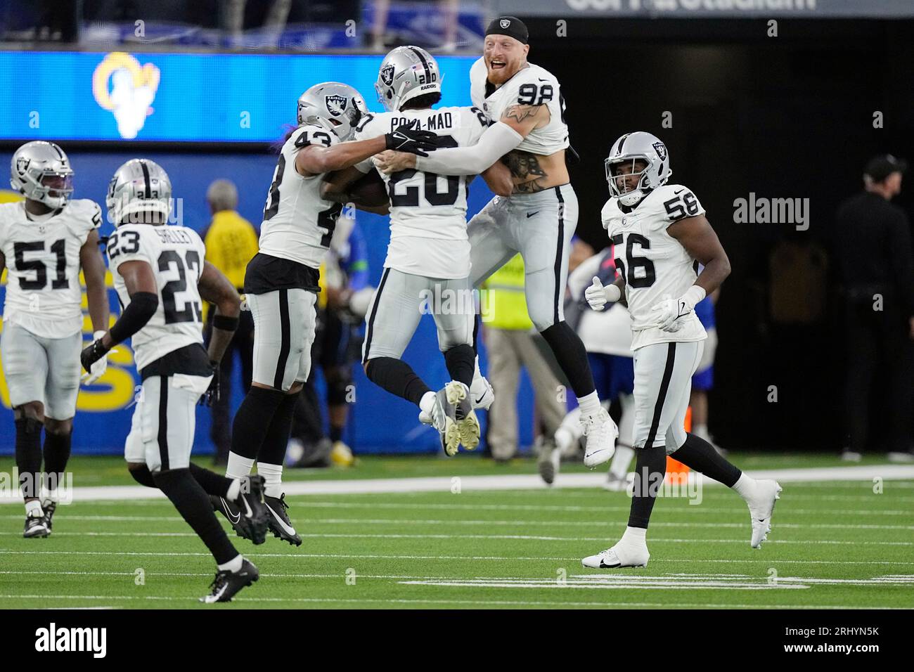 Las Vegas Raiders safety Isaiah Pola-Mao, center, celebrates with ...