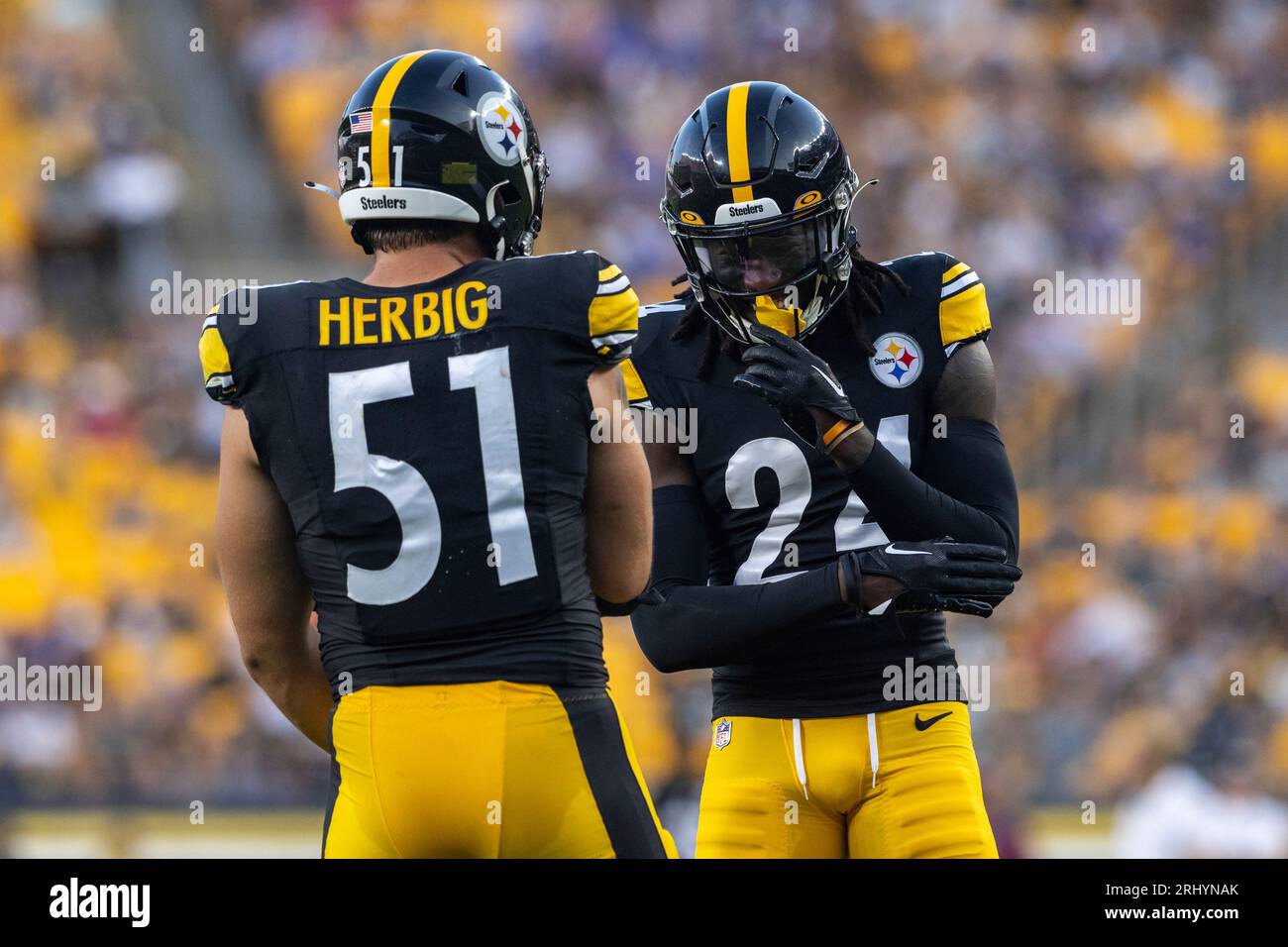 Pittsburgh Steelers cornerback Joey Porter Jr. (24) and linebacker Nick ...