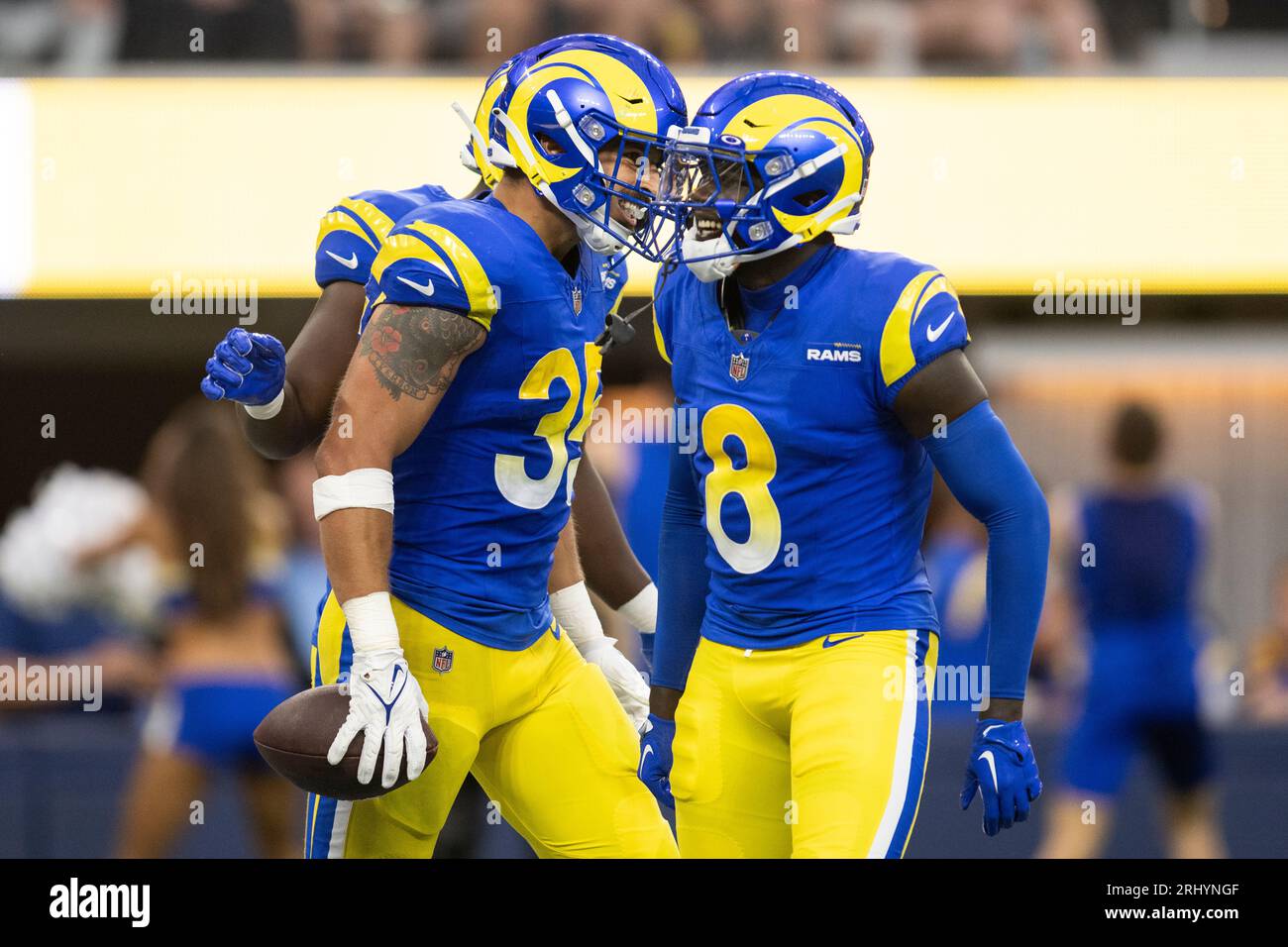 Los Angeles Rams linebacker Jake Hummel (35) celebrates his touchdown ...