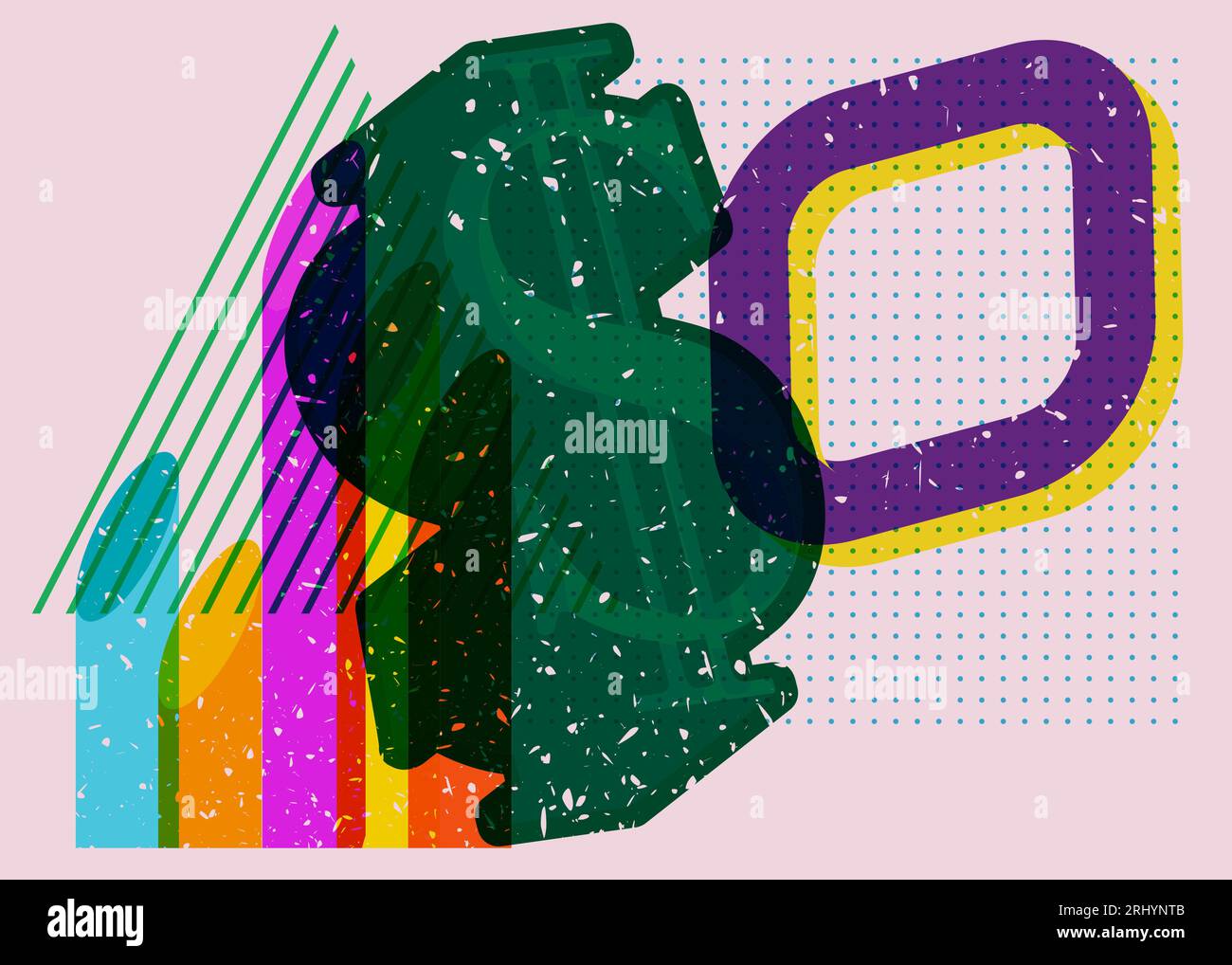 Dollar Sign with Colorful geometric shapes. Business in trendy riso ...