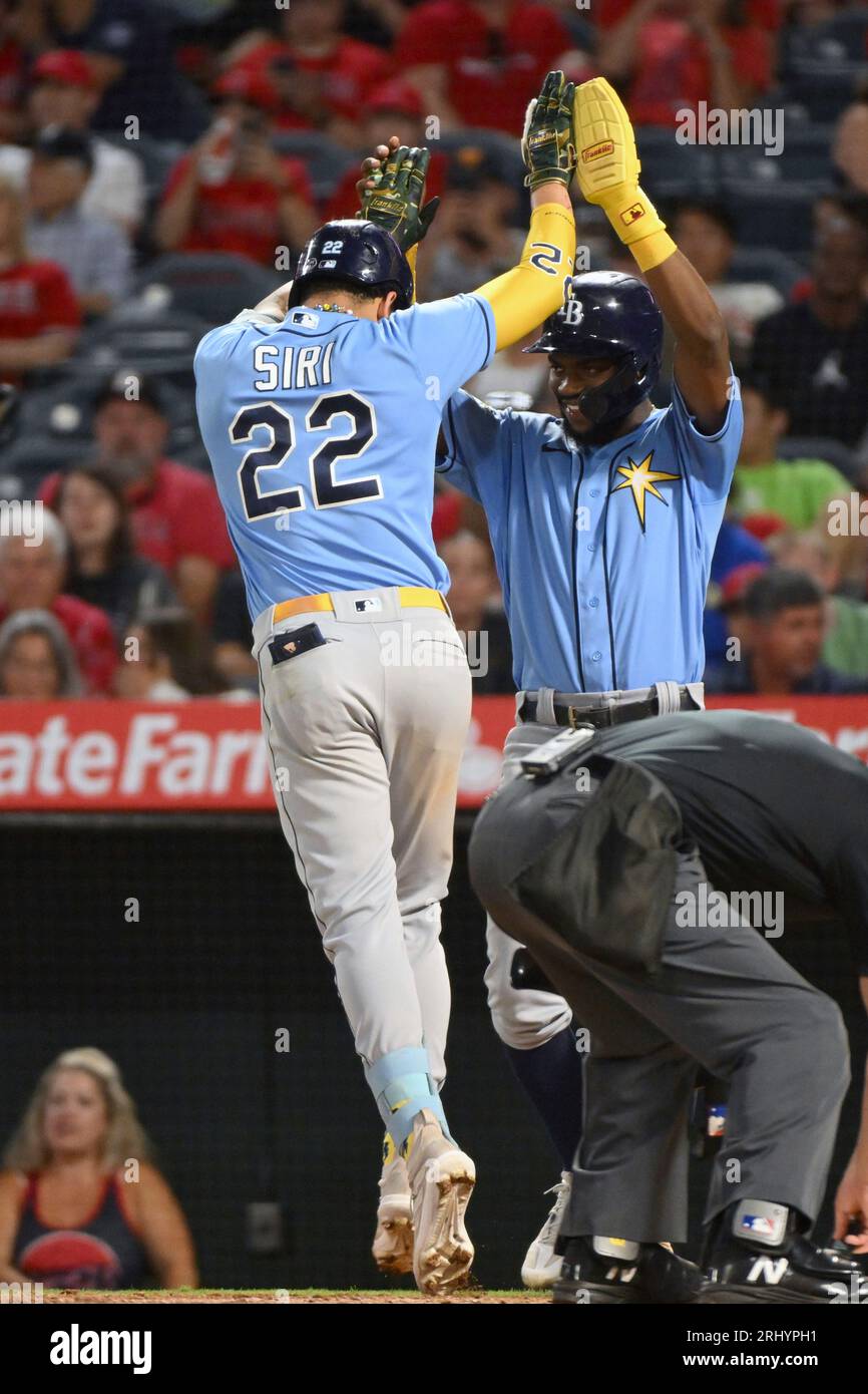 Tampa Bay Rays' Jose Siri (22) is congratulated by Osleivis Basabe for ...