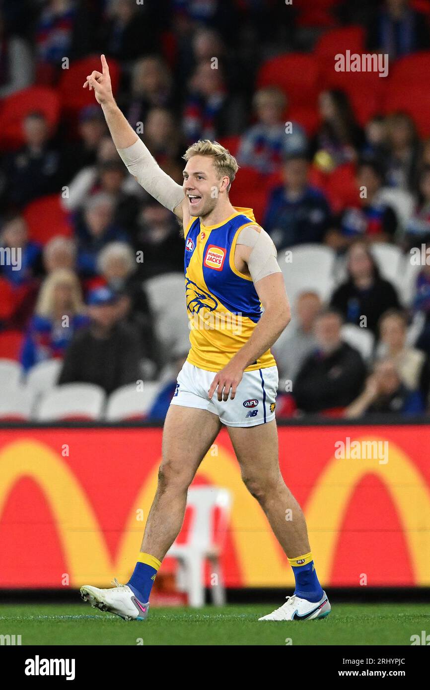 Melbourne, Australia. 20th Aug, 2023. Oscar Allen of West Coast reacts ...