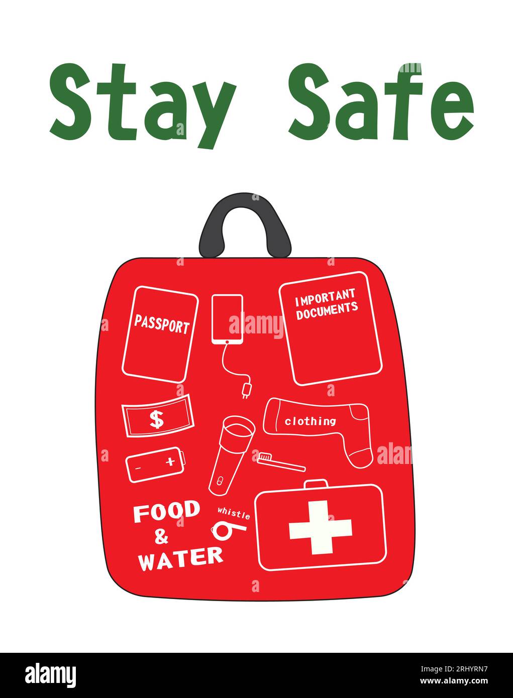 Go bag red color with medical supplies, food water, lights, passport ...