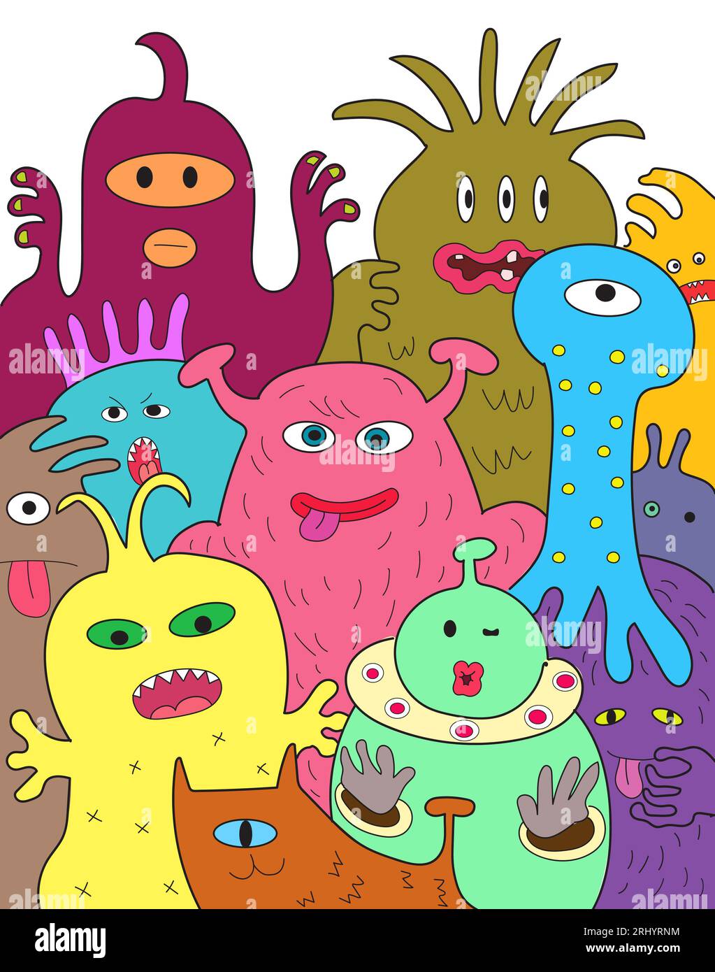 Group of cute funny alien monsters celebrate Halloween holiday together ...