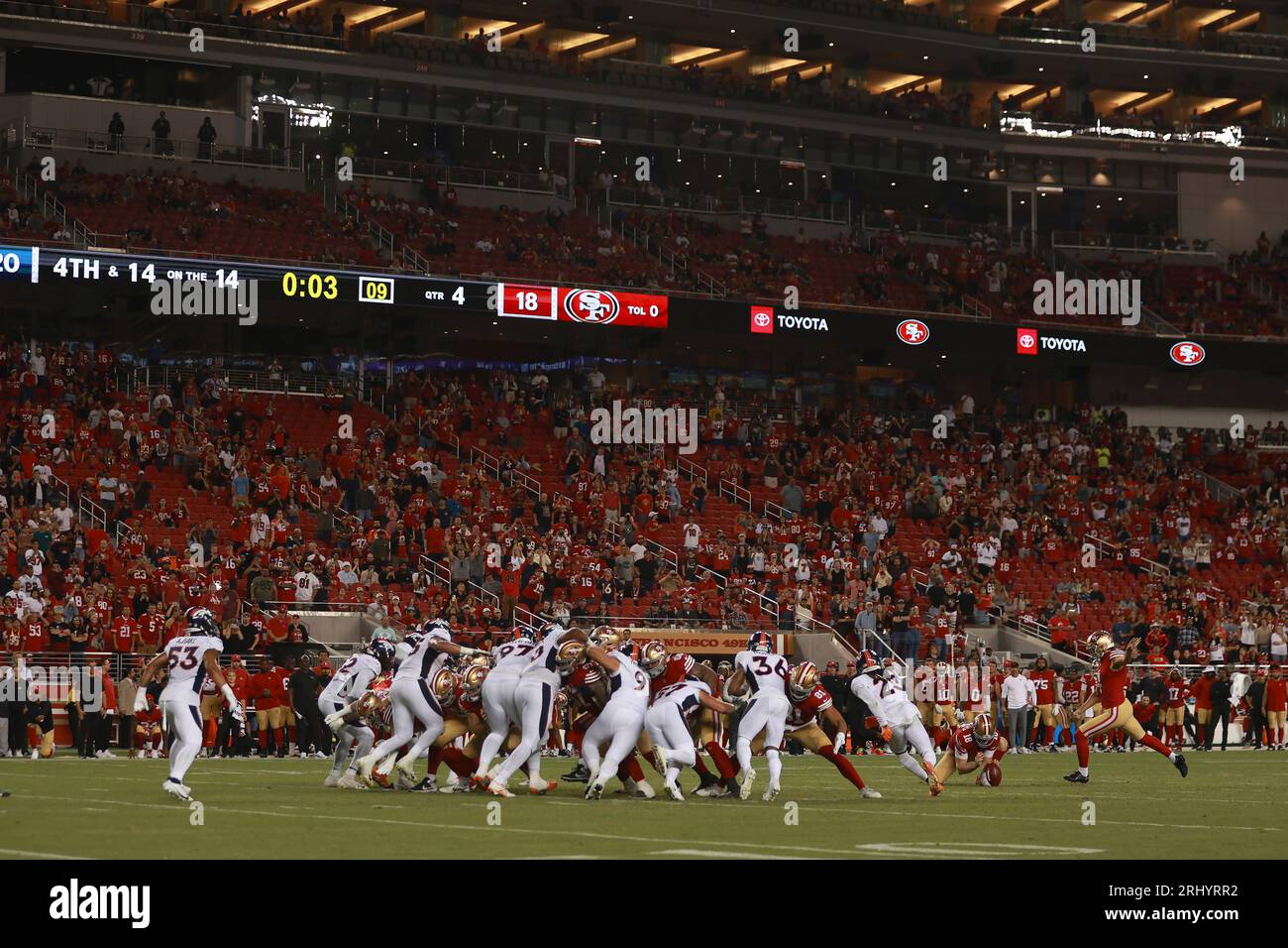San Francisco 49ers place kicker Jake Moody, bottom right, kicks a ...