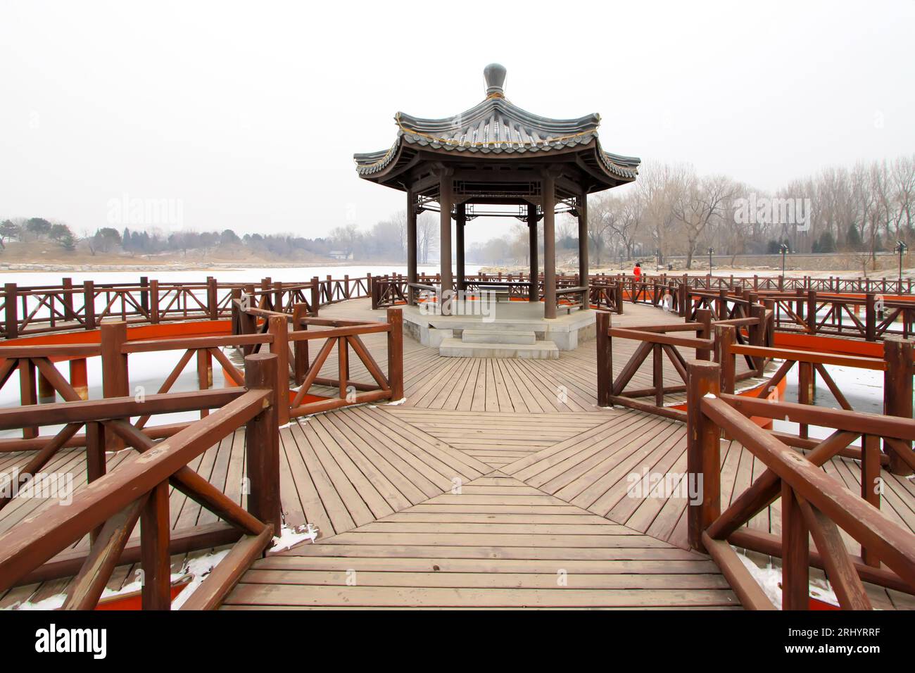 pavilion and rail in a park, traditional Chinese architectural style in ...