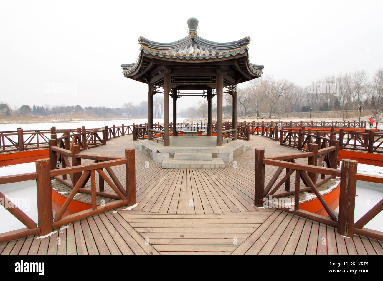 pavilion and rail in a park, traditional Chinese architectural style in ...