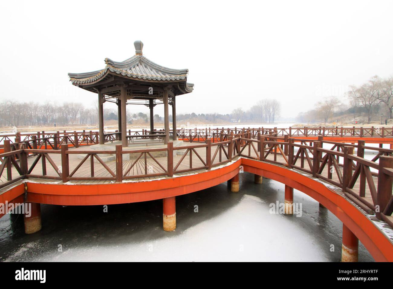 pavilion and rail in a park, traditional Chinese architectural style in ...