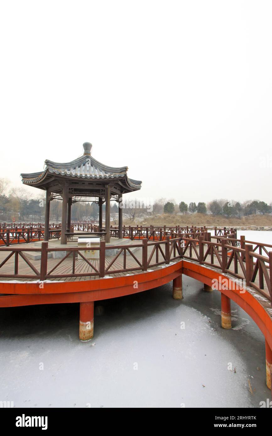 pavilion and rail in a park, traditional Chinese architectural style in ...