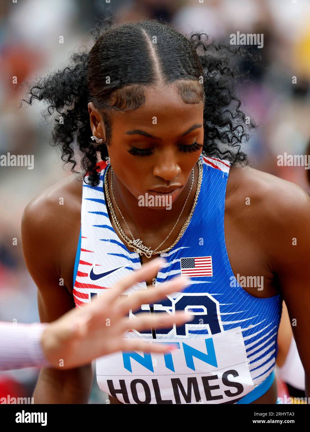 Budapest. 19th Aug, 2023. Alexis Holmes of the United States reacts ...