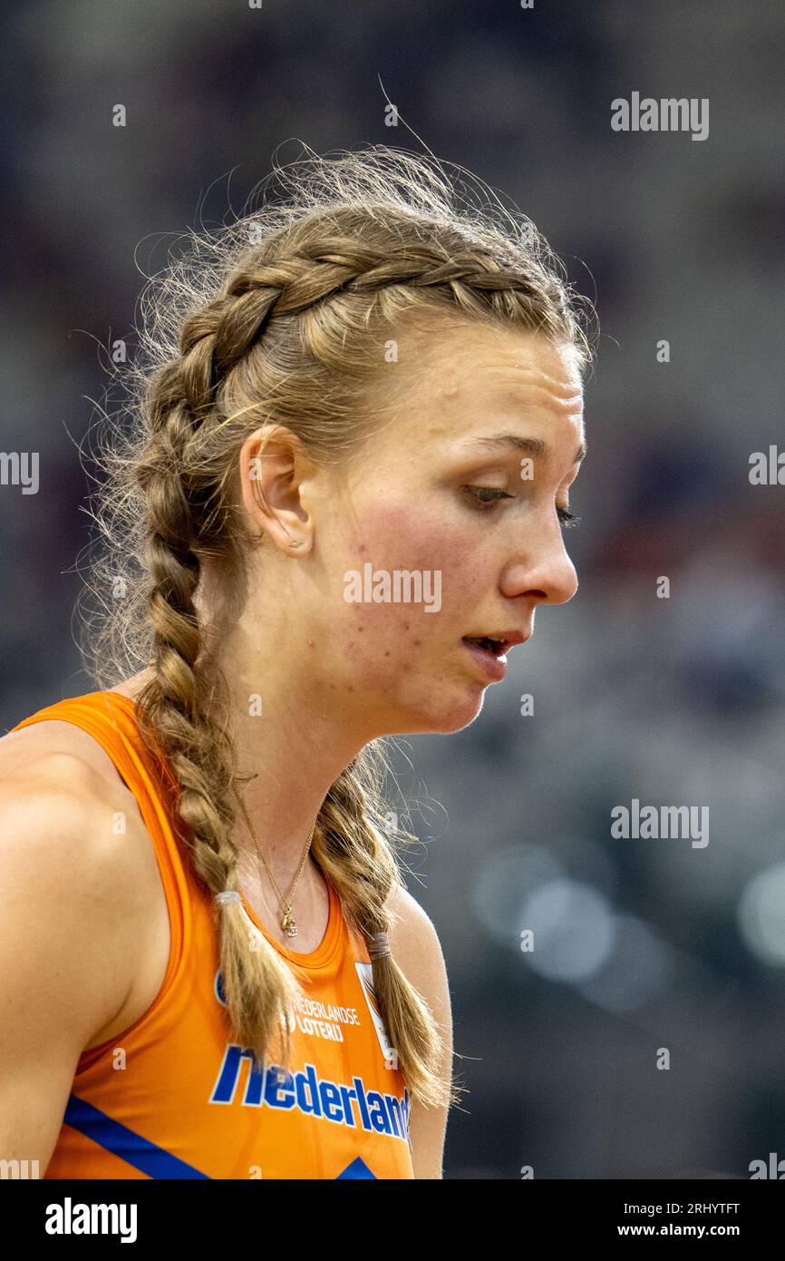 Budapest. 19th Aug, 2023. Femke Bol of the Netherlands reacts after the ...