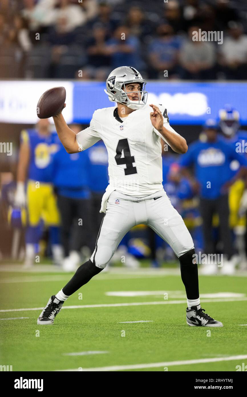 Las Vegas Raiders quarterback Aidan O'Connell (4) throws a pass during ...