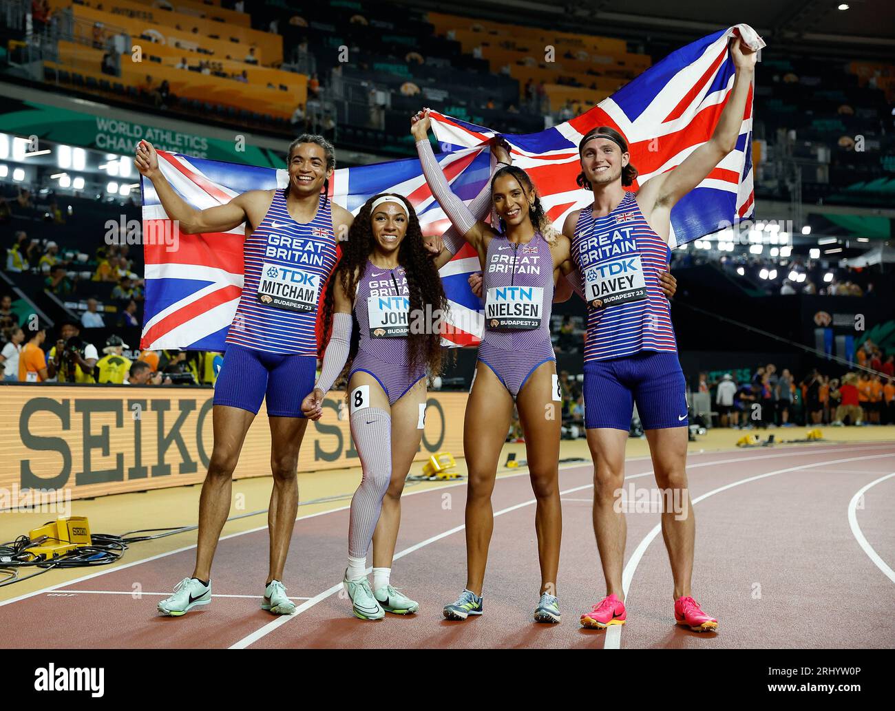 Budapest, Yemi Mary John and Rio Mitcham of Britain celebrate after the ...