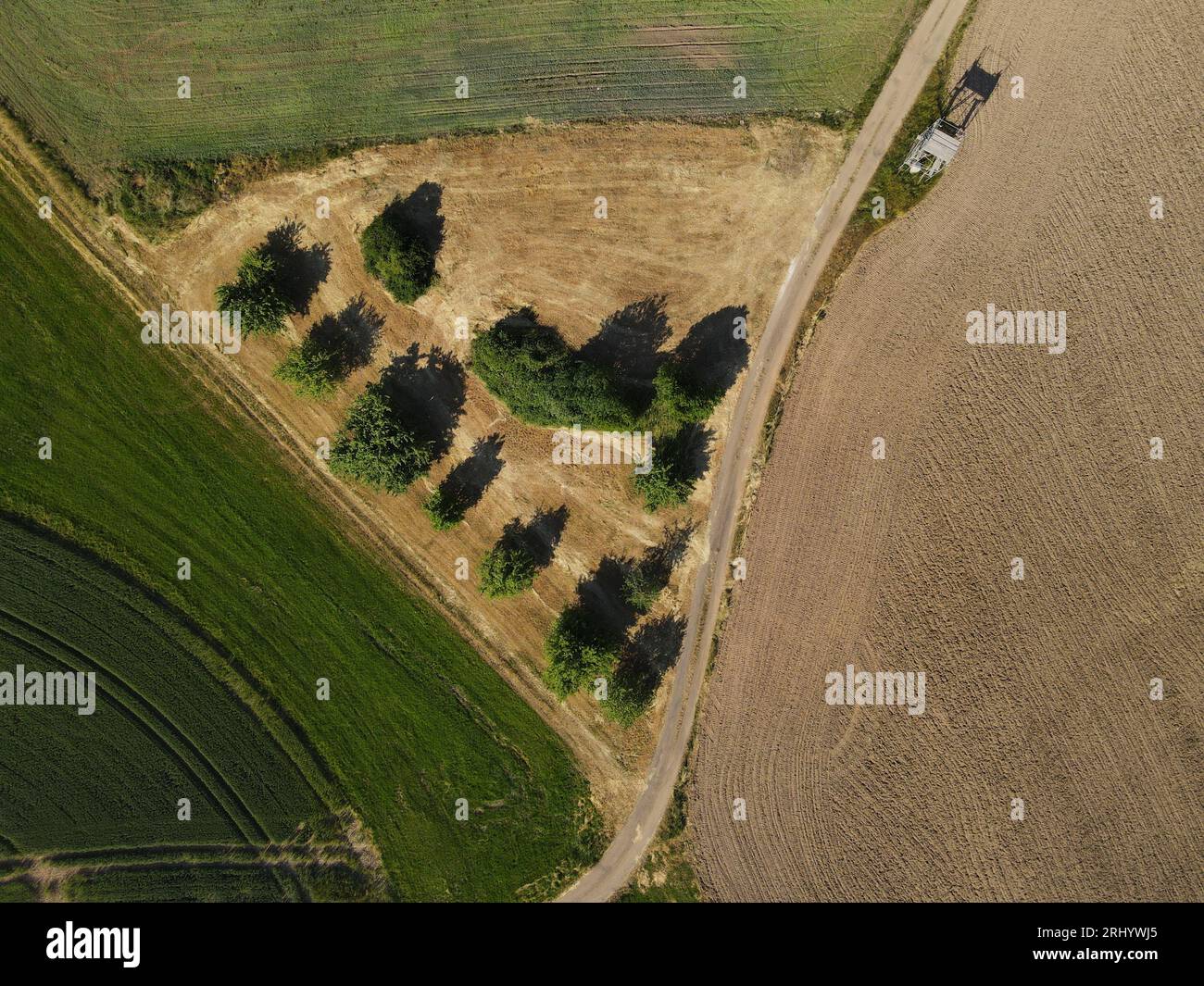 Drone view of a dirt road between a plowed dirt field and a green crop ...