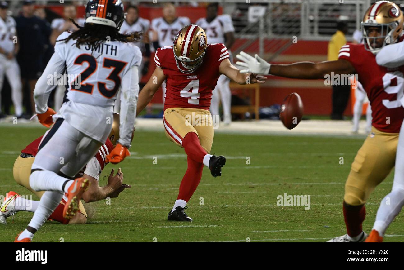 San Francisco 49ers place kicker Jake Moody (4) kicks the game winning ...