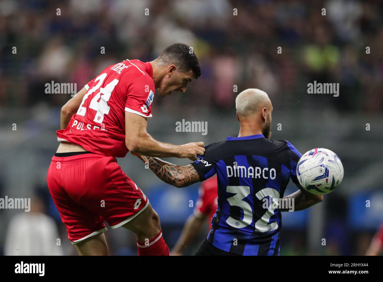 Mediolan, Italy. 19th Aug, 2023. Mirco Maric of AC Monza (L) and ...