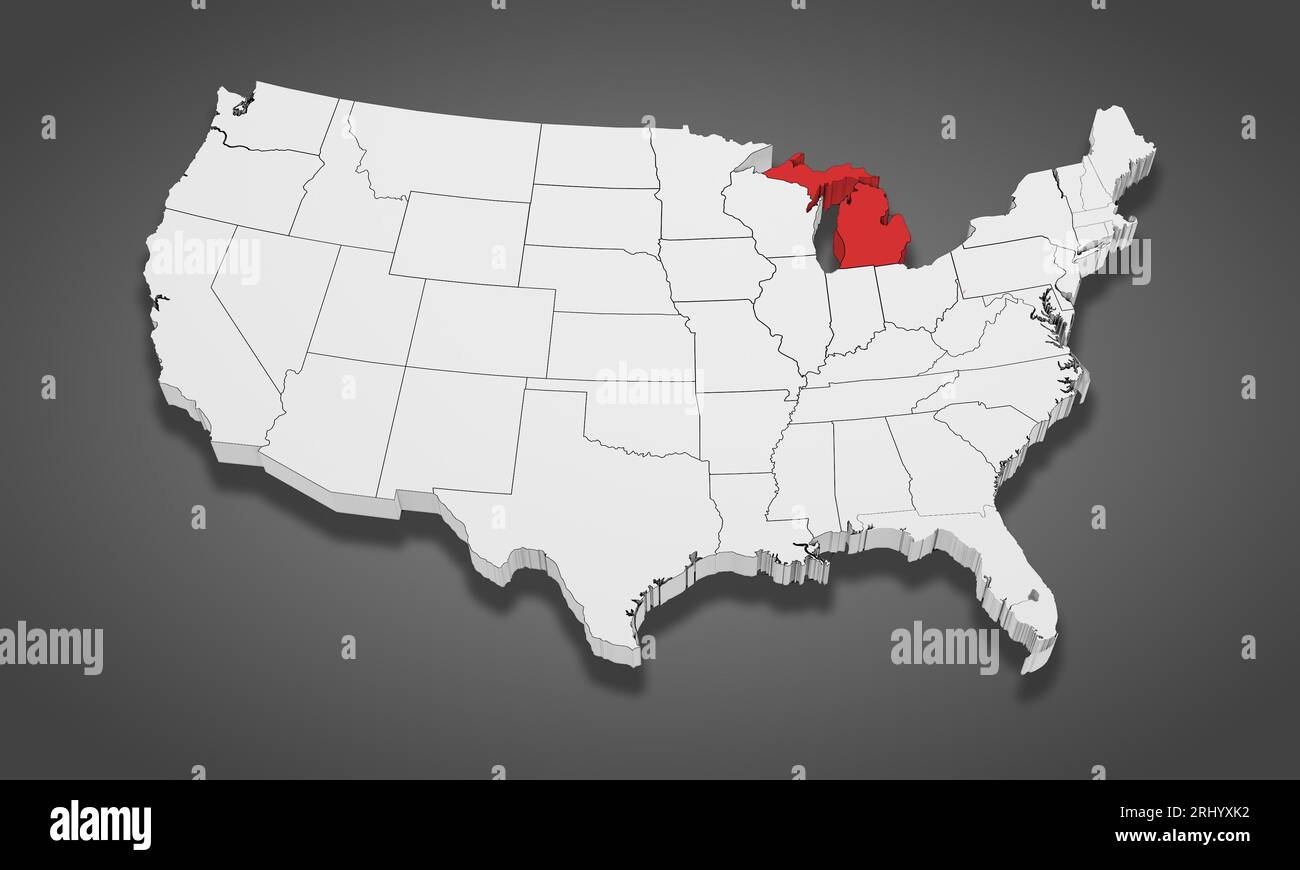 Michigan State Highlighted on the United States of America 3D map. 3D ...