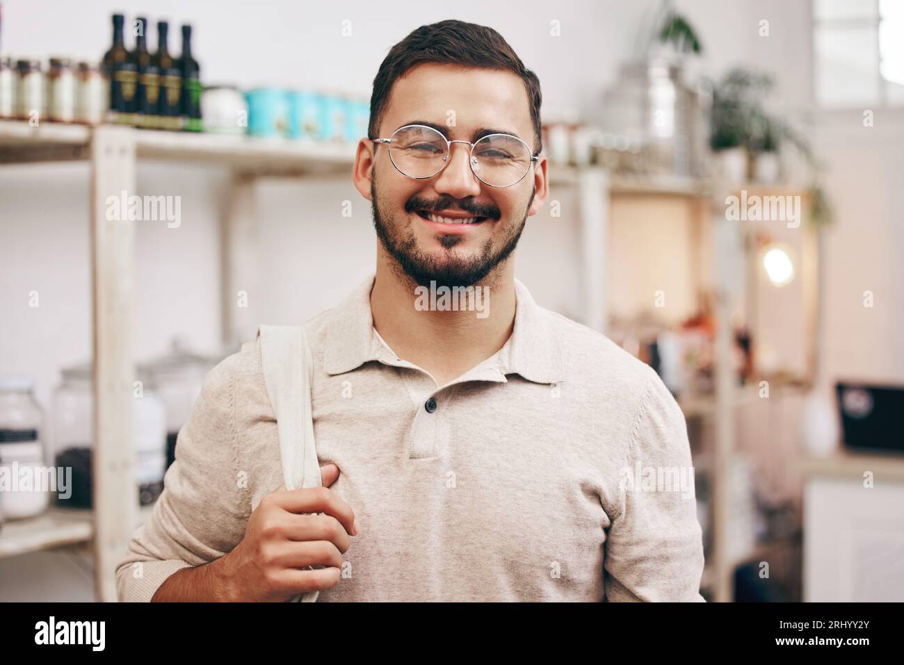 Man, portrait and shopping in local grocery store for healthy food ...