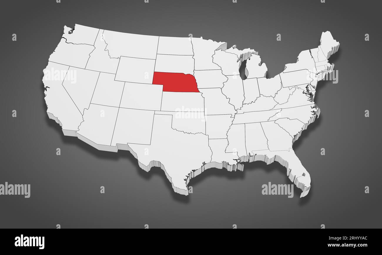 Nebraska State Highlighted on the United States of America 3D map. 3D ...