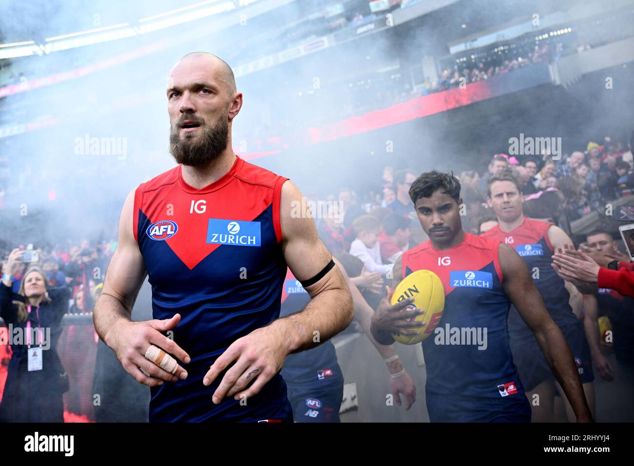 Melbourne, Australia. 20th Aug, 2023. Max Gawn of Melbourne leads ...