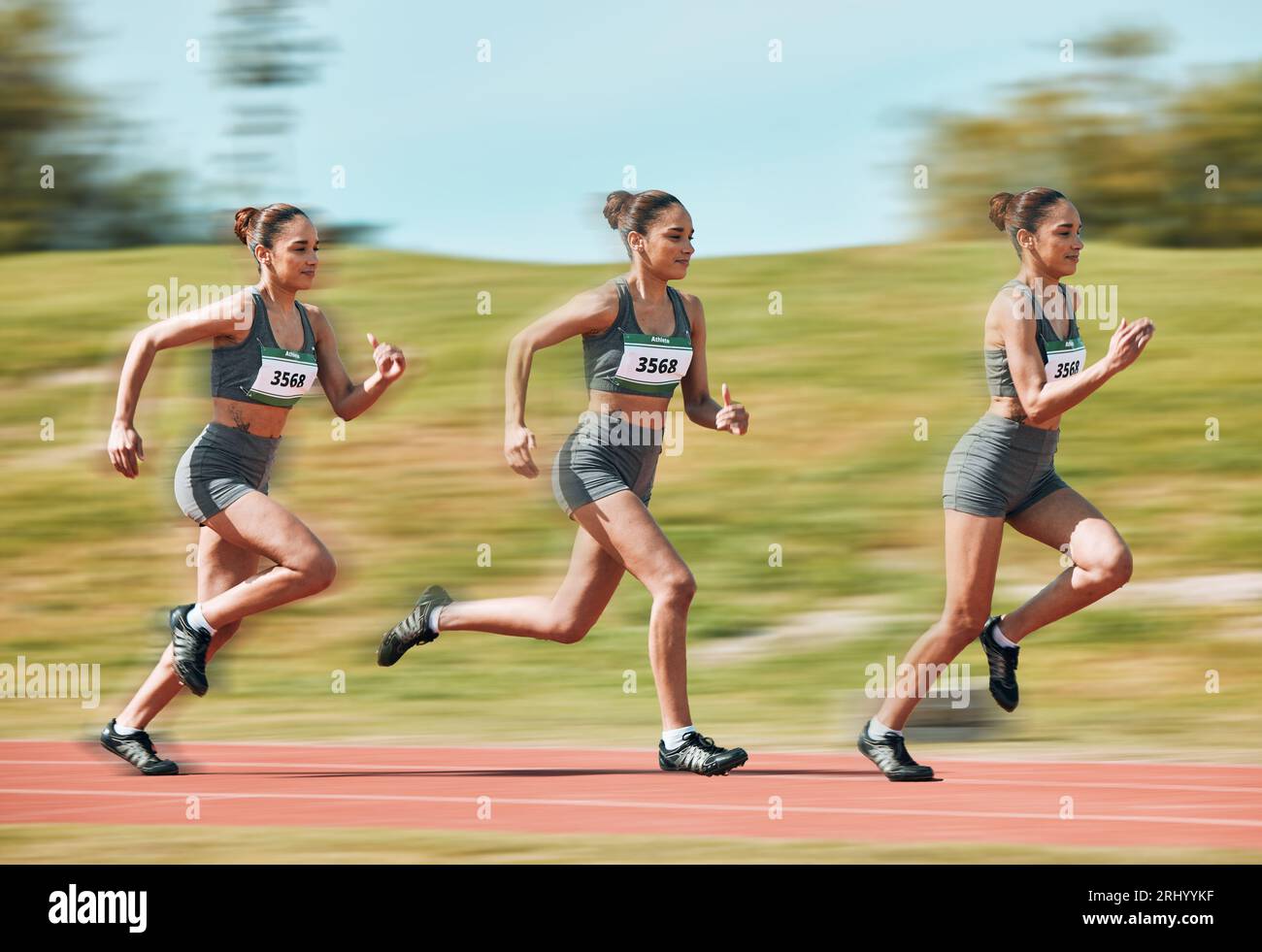 Sports, running and sequence of woman on race track in stadium for ...
