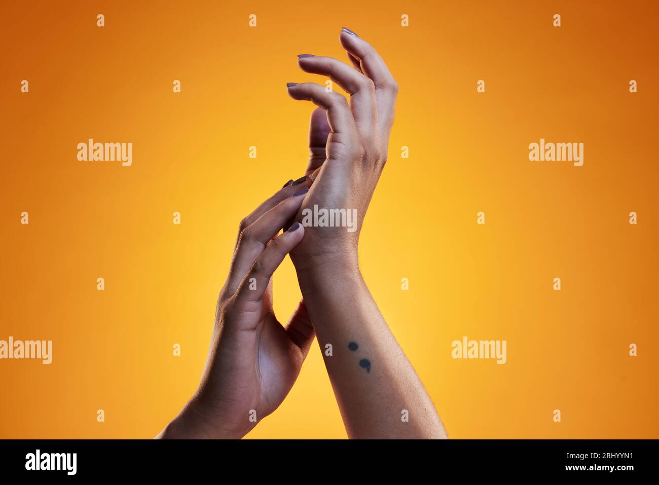 Hands, touch and skin care of a woman in studio with dermatology ...