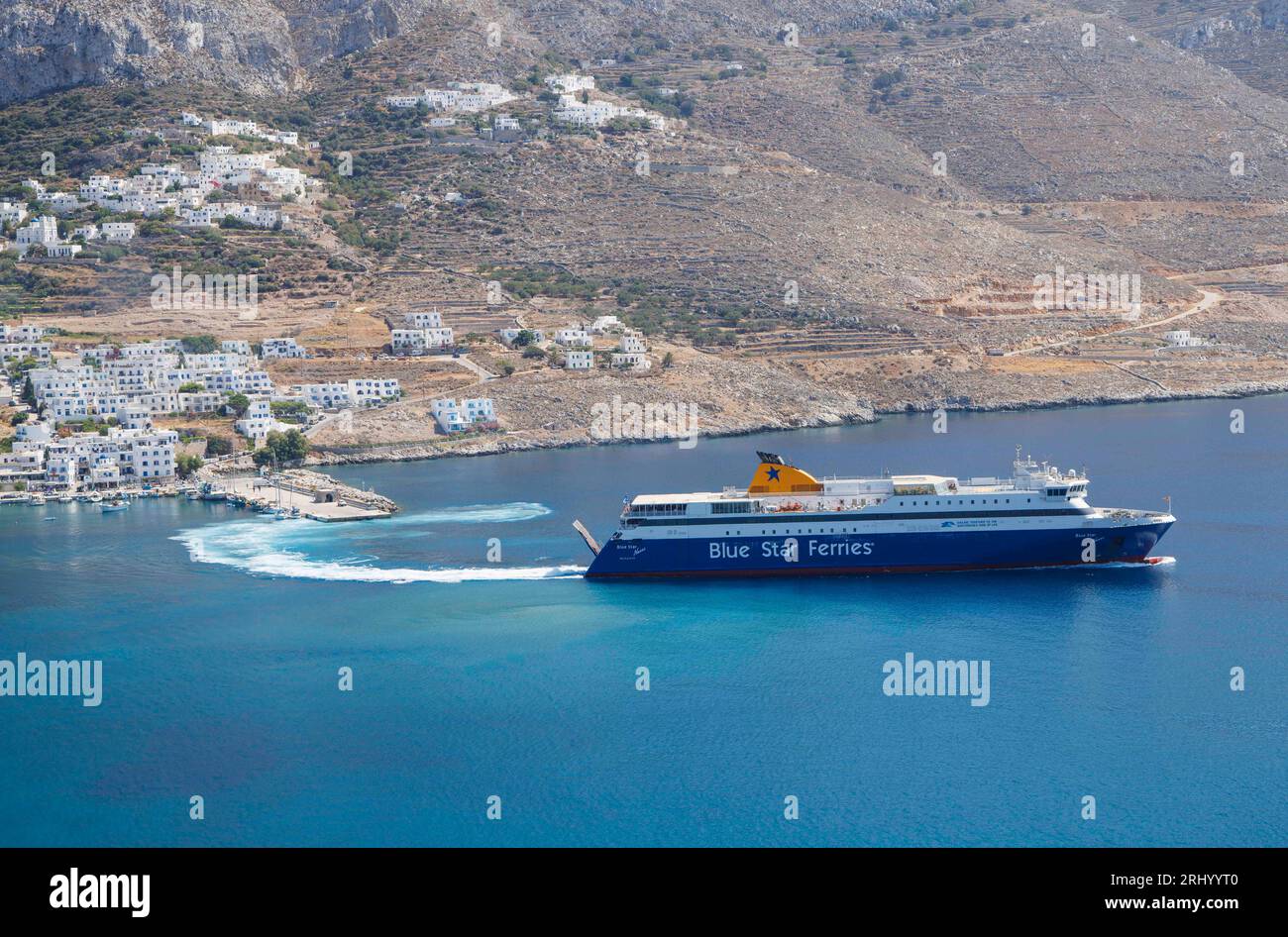 A Blue Star Ferry at the port of Ayiali on the Island of Amorgos. Blue ...