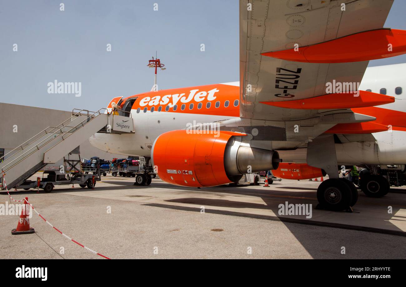 An Easyjet Airbus A320 on the tarmac at Mykonos airport. The plane is ...