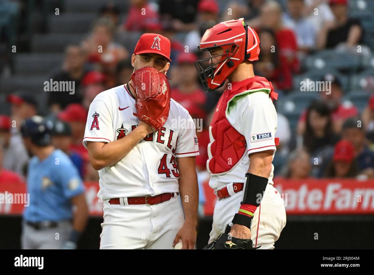 Los Angeles Angels pitcher Patrick Sandoval, left, and catcher Logan O ...
