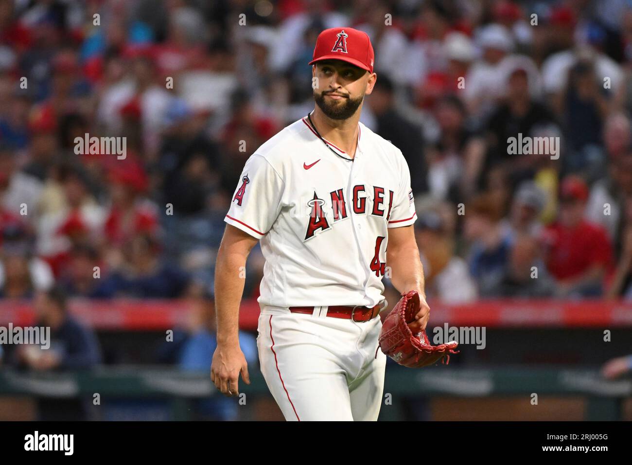 Los Angeles Angels pitcher Patrick Sandoval walks off the mound during ...